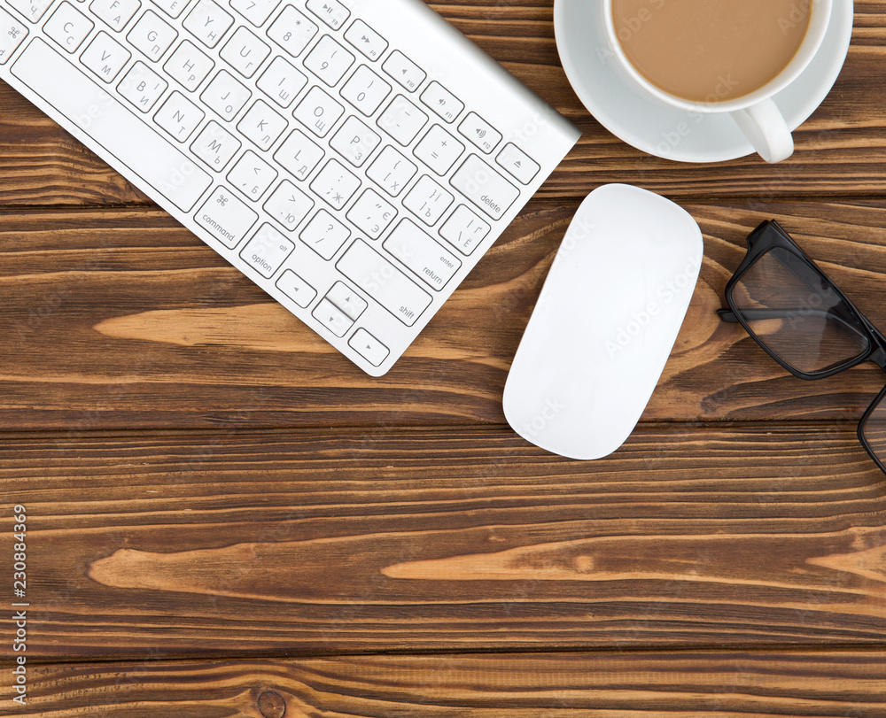 Office desk wood table of Business workplace and business objects ...