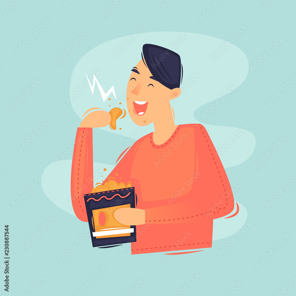 Man eating chips. Junk food. Flat design vector illustration Stock ...
