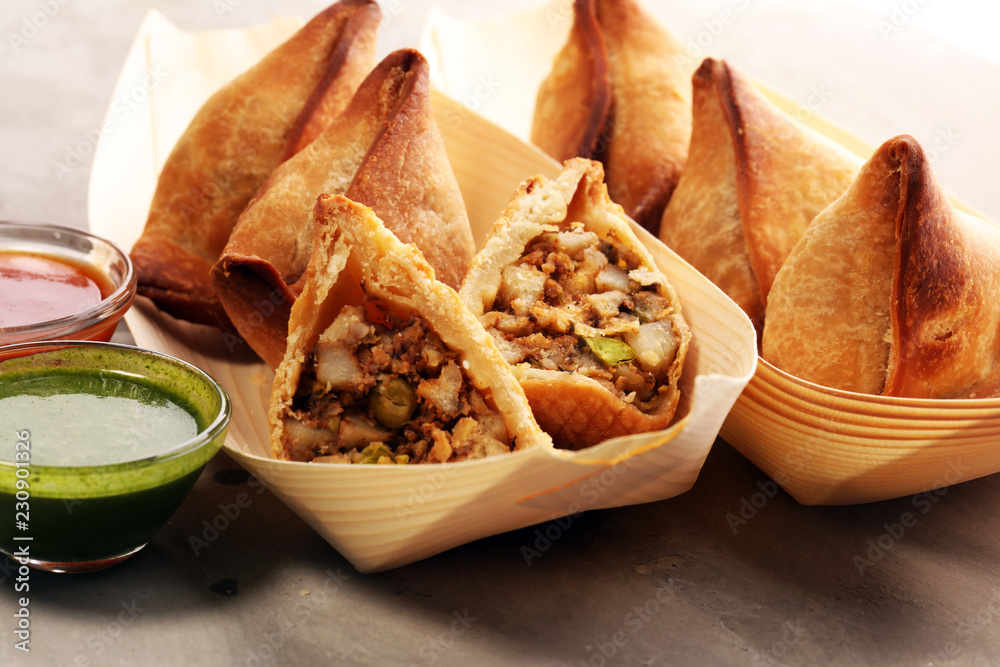 Vegetarian samsa or samosas.Indian special traditional street food ...
