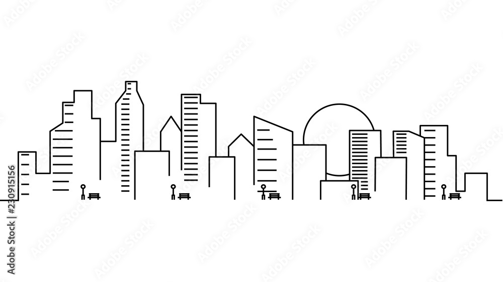 City landscape template. Thin line City landscape. Cityscape, sun ...