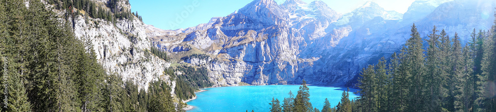 Scenic Panorama picture or postcard view of Oeschinensee lake,Wooden ...