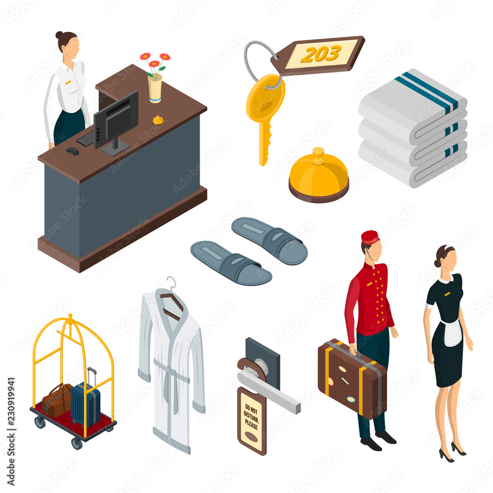 Hotel services vector 3d isometric icons, design elements set. Staff ...