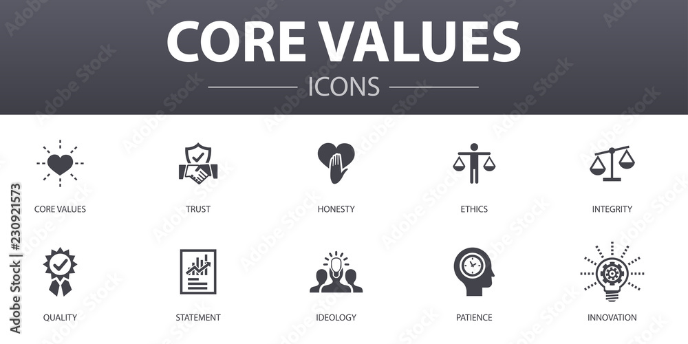 Core values simple concept icons set. Contains such icons as trust ...