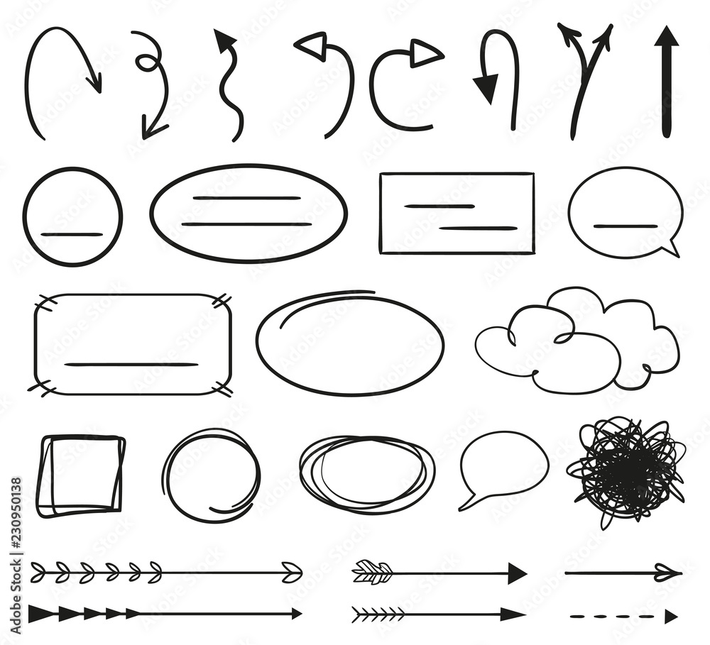 Abstract arrows. Linear shapes on white. Chaos patterns. Scribble sketches. Different tangled ...