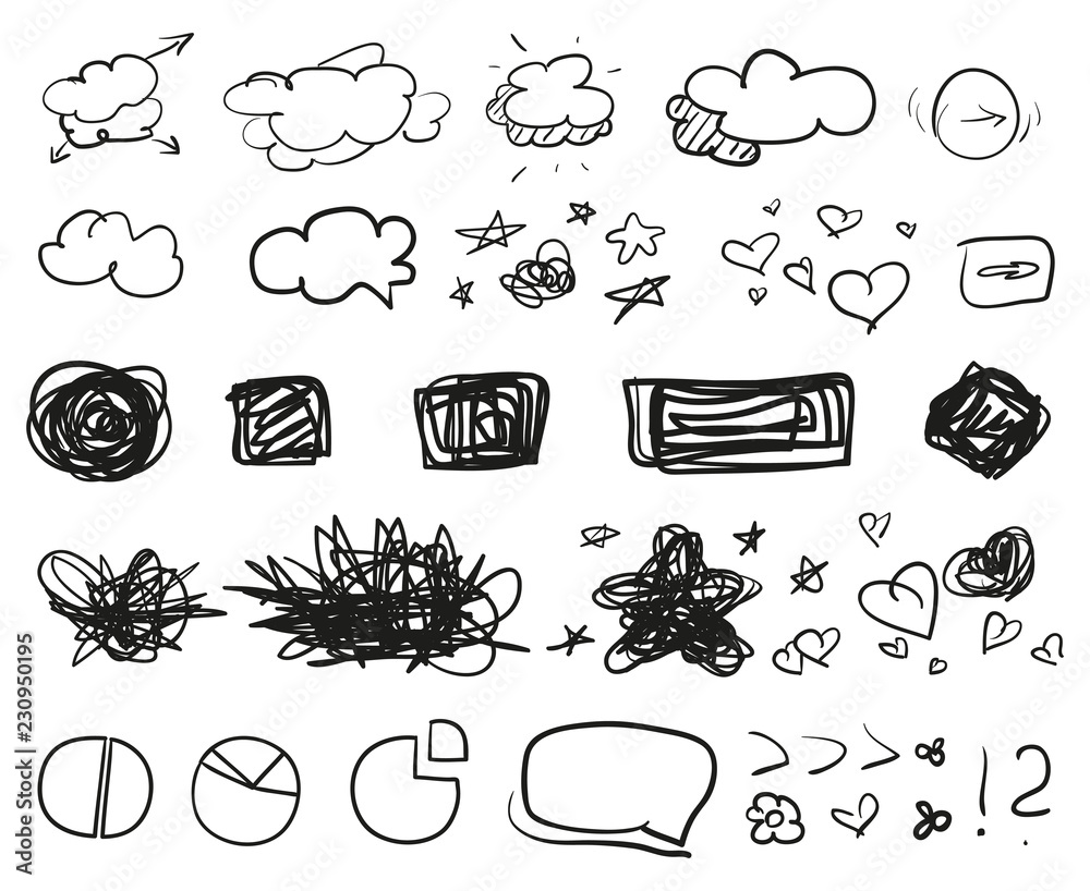 Linear shapes on white. Chaos abstract patterns. Scribble sketches. Different tangled symbols ...