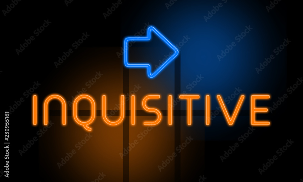 Inquisitive - orange glowing text with an arrow on dark background ...