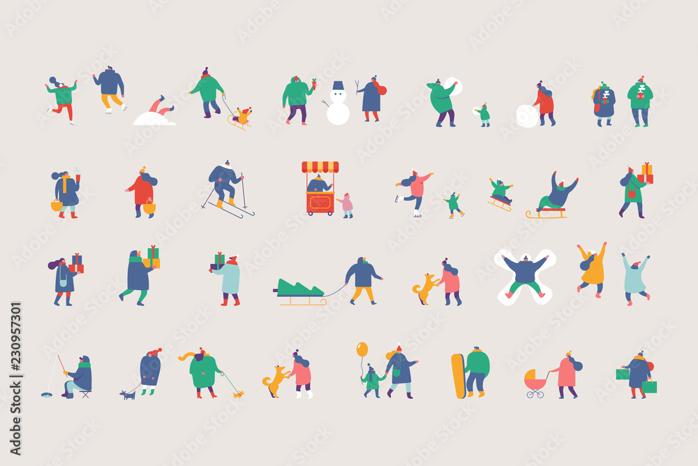 Winter people characters vector set. Winter outdoor activities. Flat ...