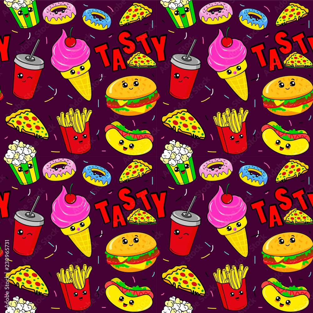 Cute kids food pattern for girls and boys. Colorful fast food on the ...
