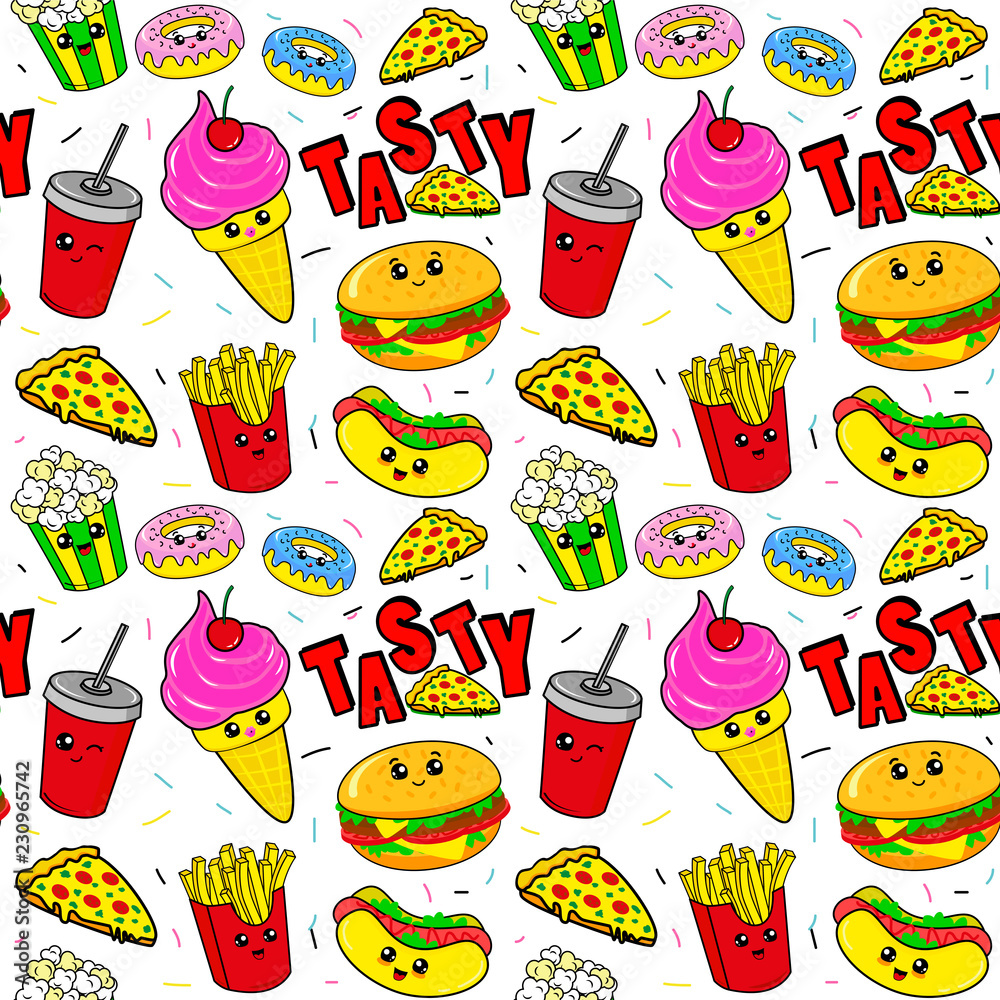 Cute kids food pattern for girls and boys. Colorful fast food on the ...