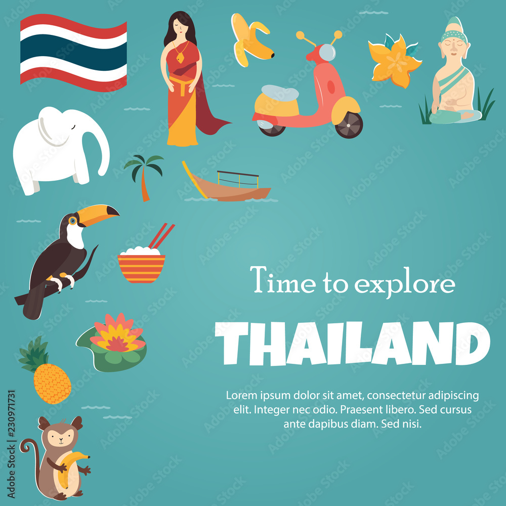 Thailand bright poster with landmarks and symbols Stock Vector | Adobe ...