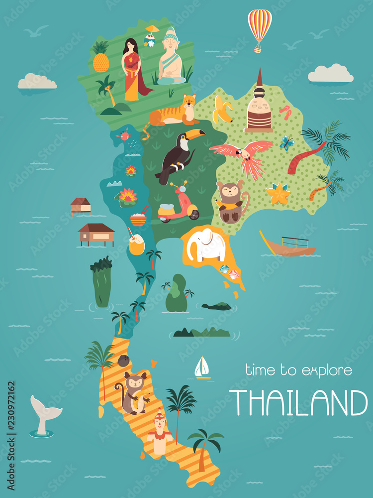 Thailand cartoon map with destinations. elements Stock Vector | Adobe Stock