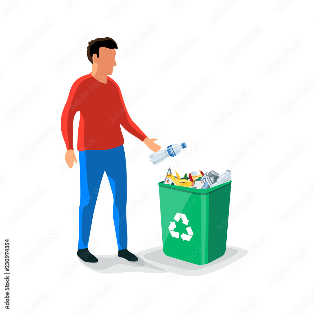 Caucasian person man throwing a plastic bottle waste in green garbage ...