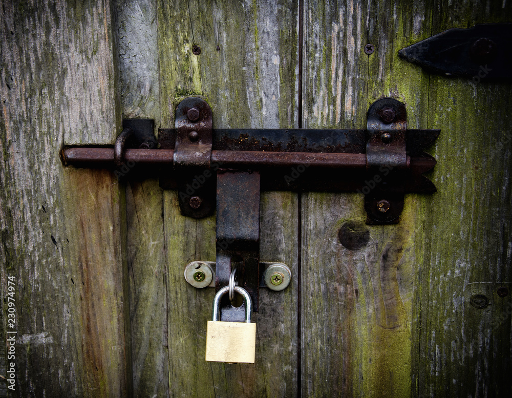 Old locked wooden door with an iron lock in a gloomy house (resembling ...