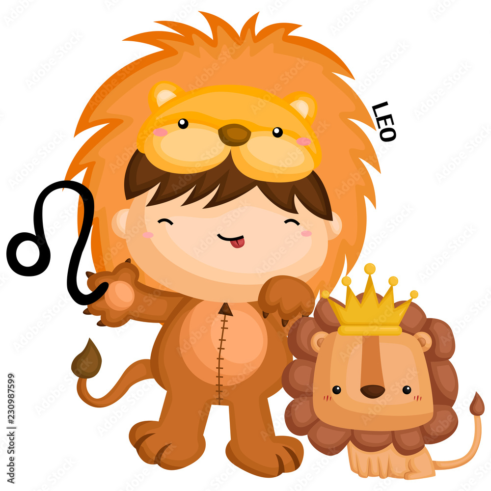 leo zodiac sign portrayed by a kid in a lion costume standing beside a ...