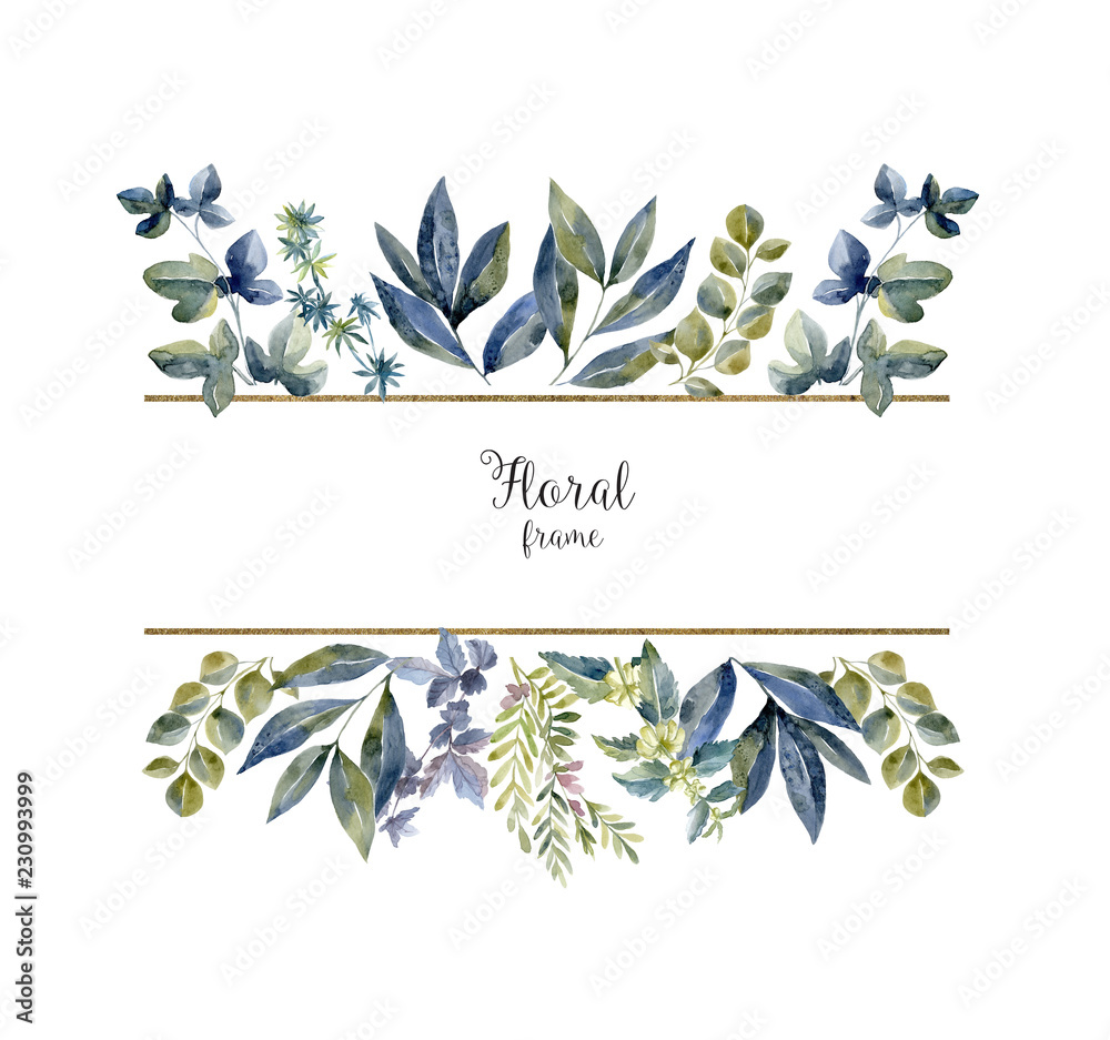 Watercolor herbarium frame with flowers and forest leaf. Art drawn card ...