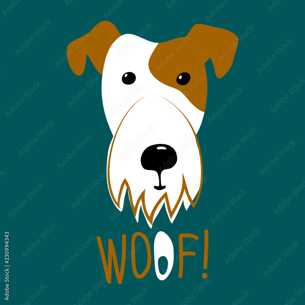 vector dog white fox terrier word woof on dark background childish ...