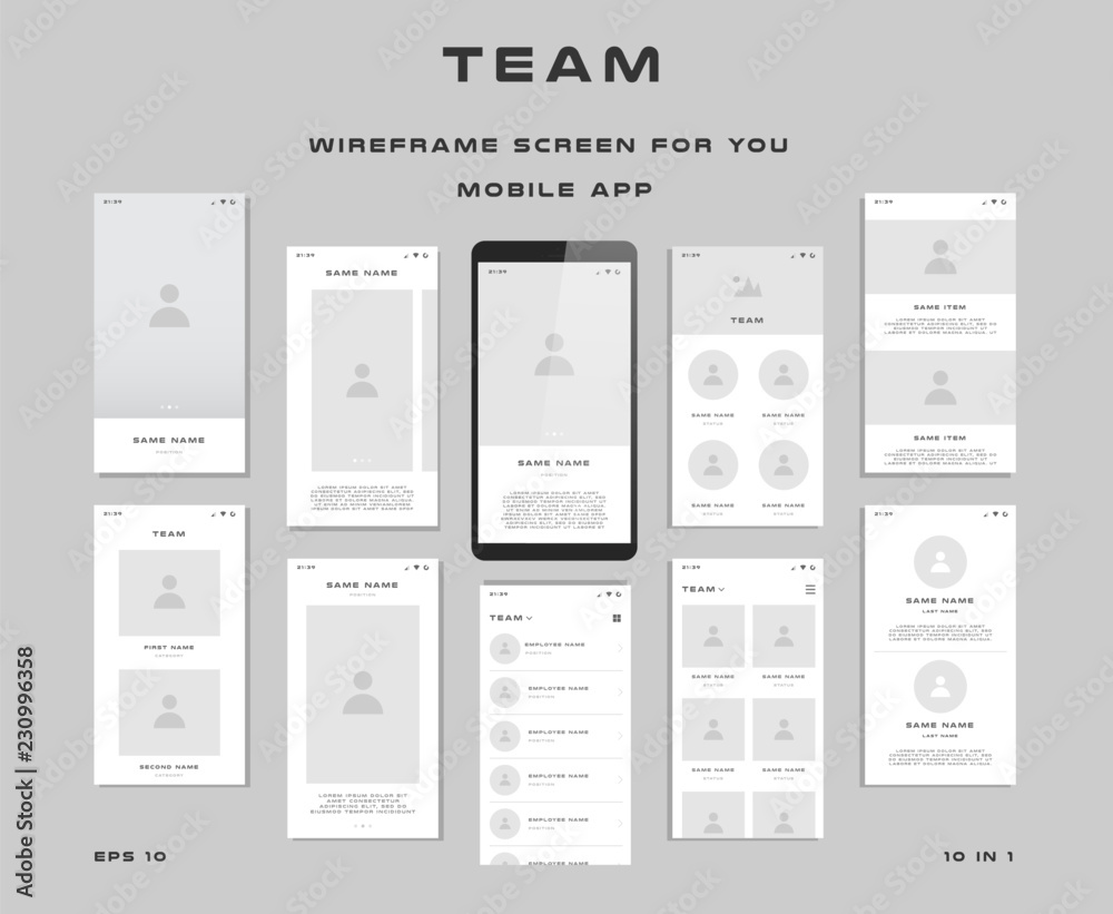 Vetor de 10 in 1 UI kits. Wireframes screens for your mobile app. GUI ...