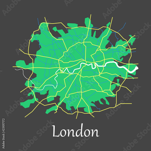 Flat color map of London, United Kingdom. City Plan of London. Vector ...