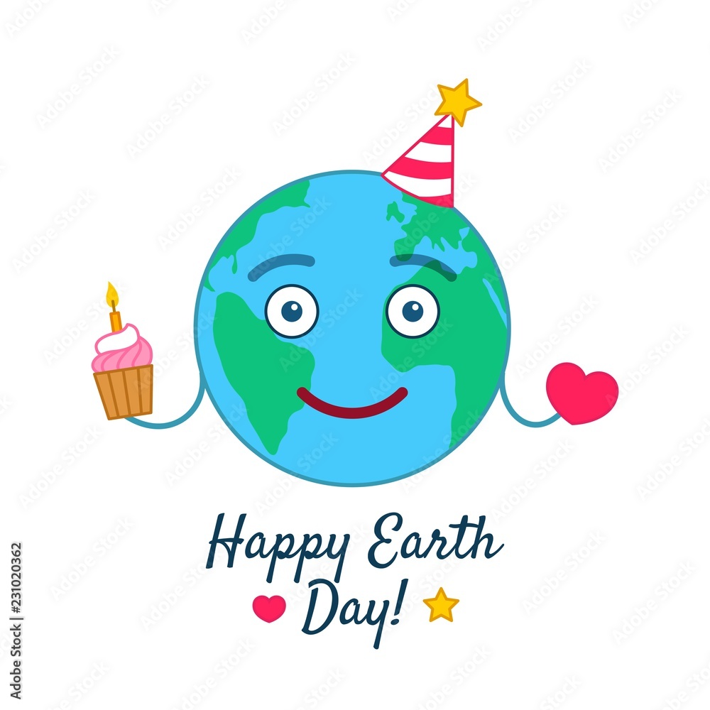 Happy Earth day greeting card with funny emoticon. Earth planet in ...