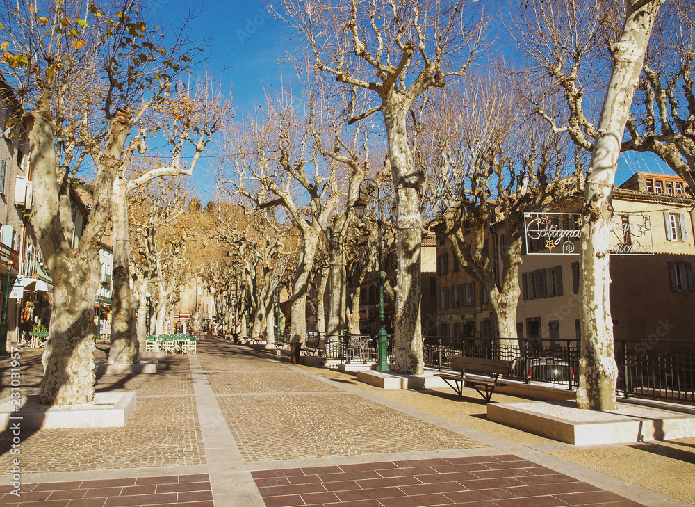 Cotignac dans le Var en Provence verte. Le cours gambetta sous le ...