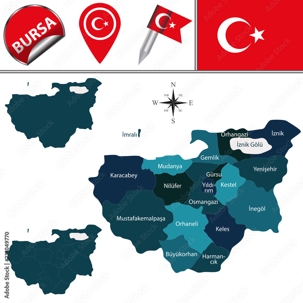 Map of Bursa, Turkey with Districts Stock Vector | Adobe Stock
