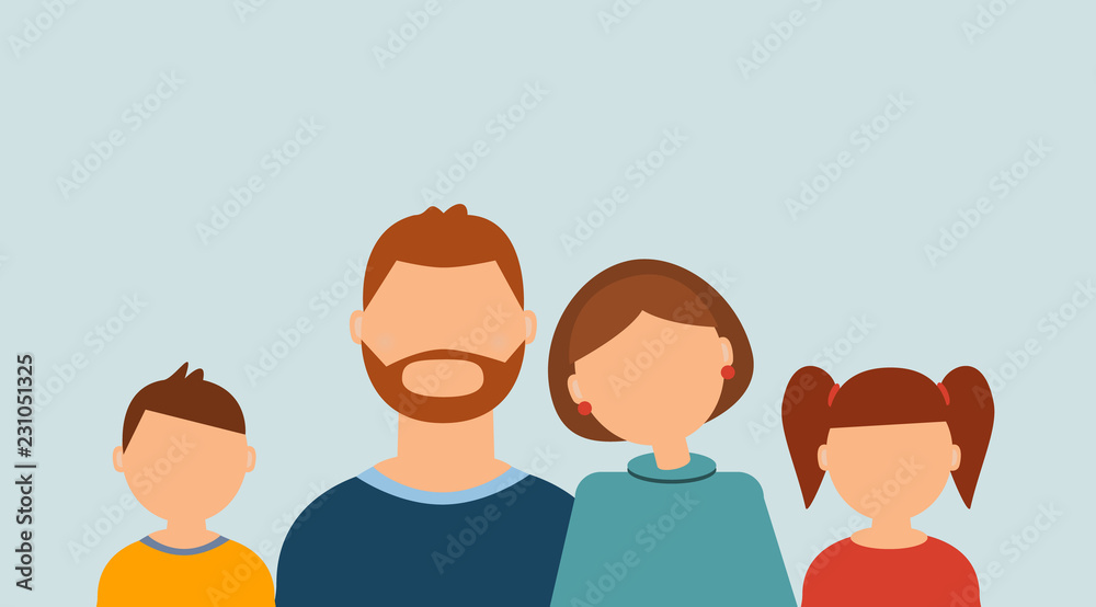 Happy family: father, mother, son and daughter without faces on the ...