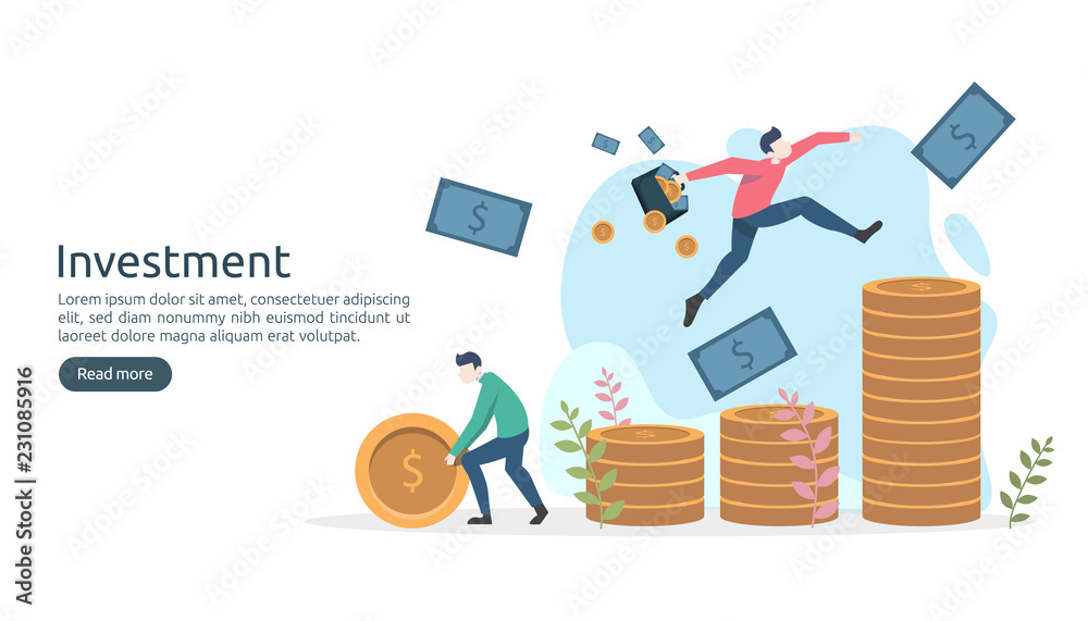 Business investment concept. dollar pile coin, tiny people, money ...