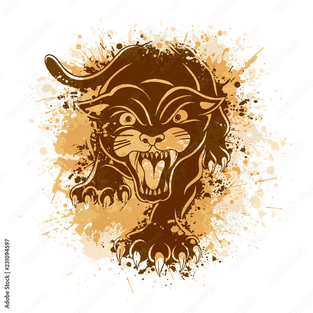 Angry black panther. Attacking pose . Tattoo illustration Stock ...