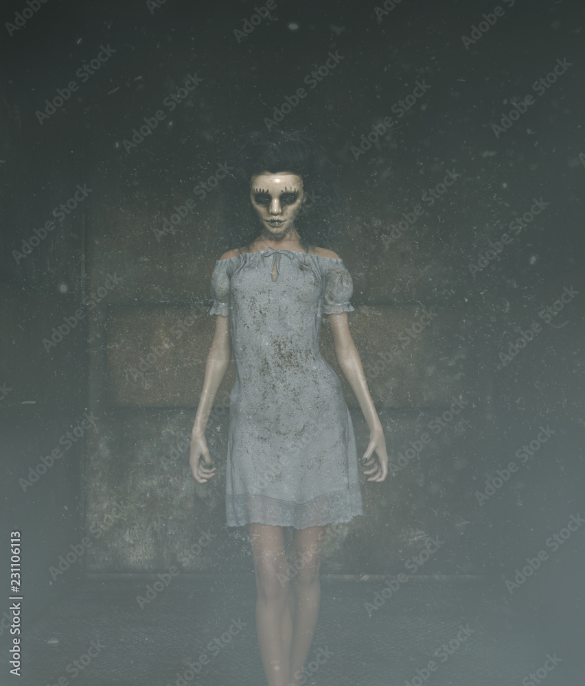 ghost woman in creepy mask as she have to hiding her face,3d ...