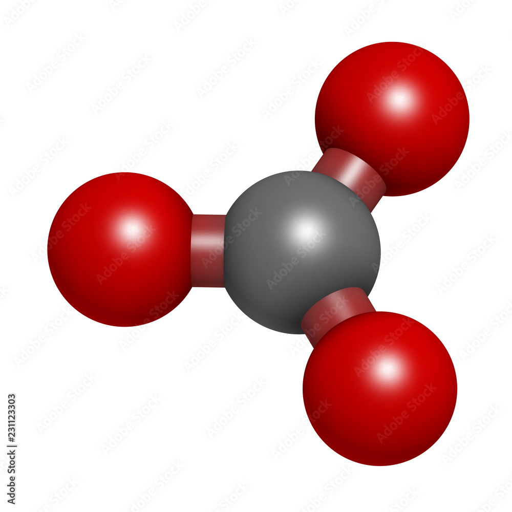 Carbonate anion, chemical structure. 3D rendering. Atoms are ...