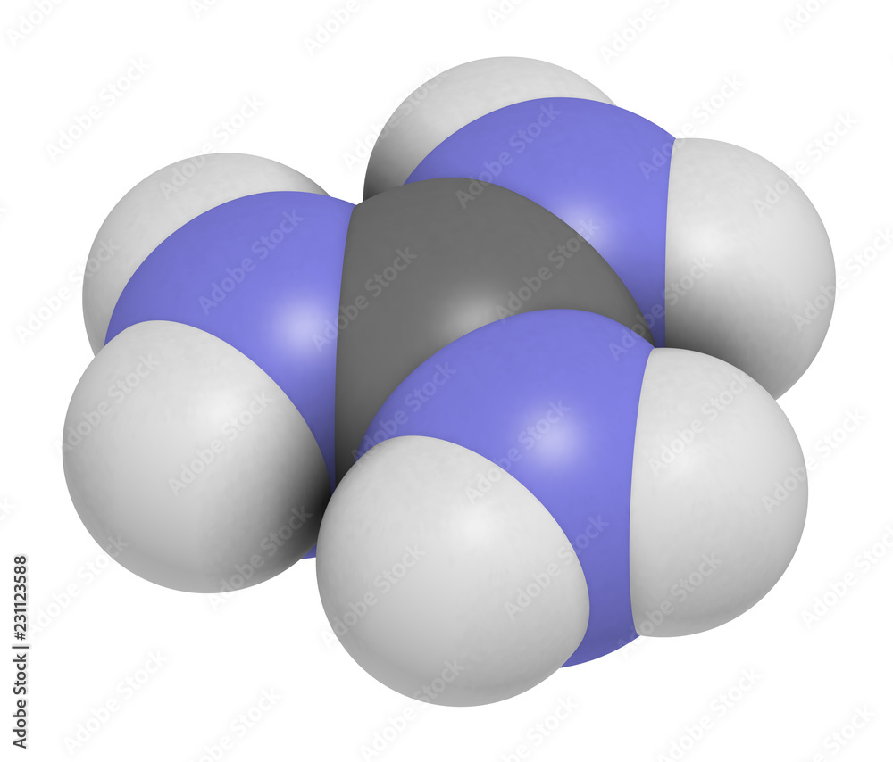 Guanidinium cation. Protonated form of guanidine. 3D rendering. Atoms ...
