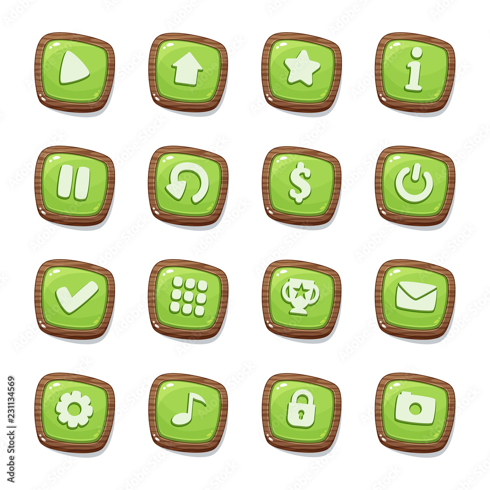 Set of 16 green jelly icons in wooden frames isolated on white ...