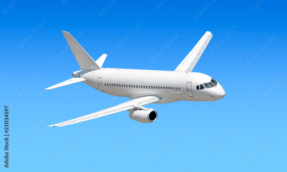 modern passenger business jet airplane flying against blue sky aerial ...