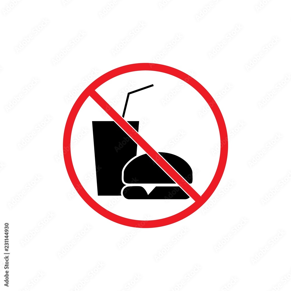 No food and drink sign. Silhouette hamburger in red circle. Sign no ...