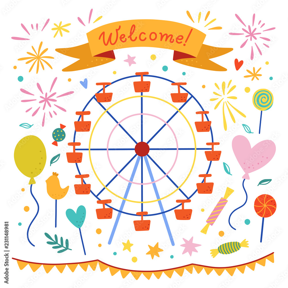 Ferris wheel illustration. Cute amusement park elements and decoration ...