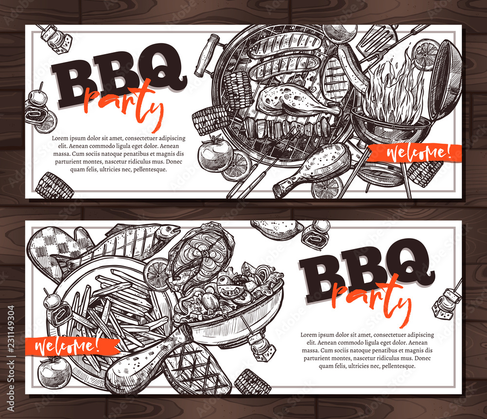 Invitations barbecue party card templates on wooden background. Hand ...