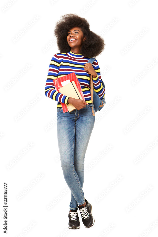 Full body black female student smiling against isolated white ...