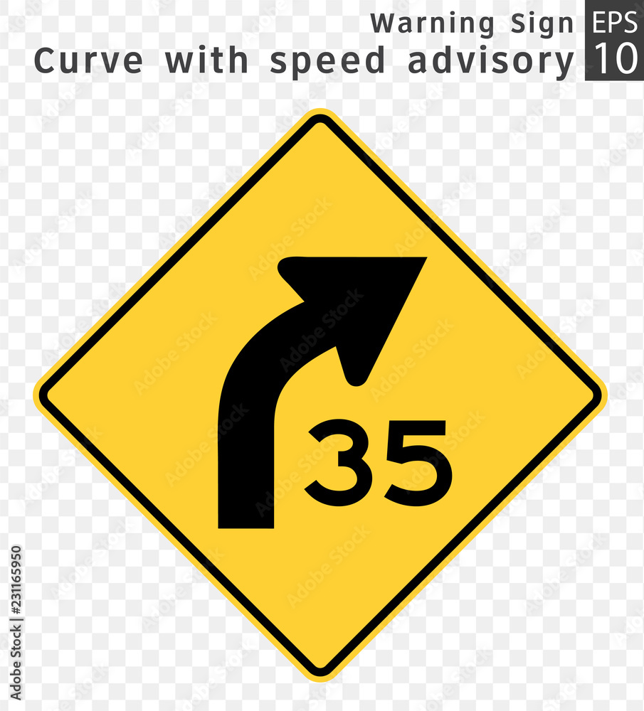 Road Sign. Warning. Curve with speed advisory. Vector Illustration on ...