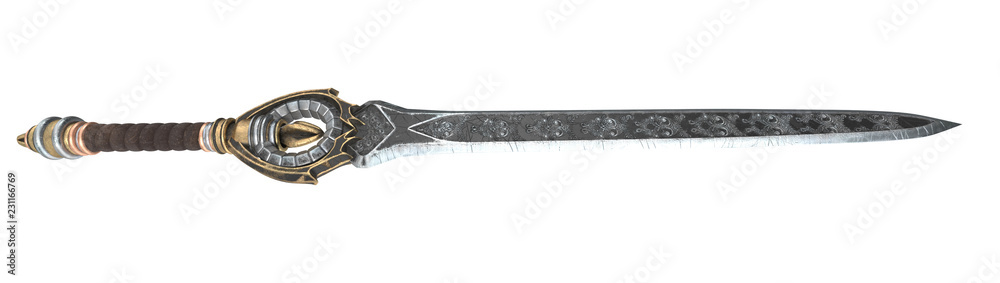 Fantasy long sword with patterns and leather on the handle on an ...