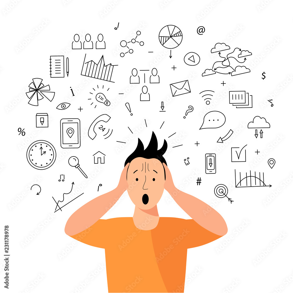 Person get too much information. Information and data overload concept ... Person get too much information. Information and data overload concept ...