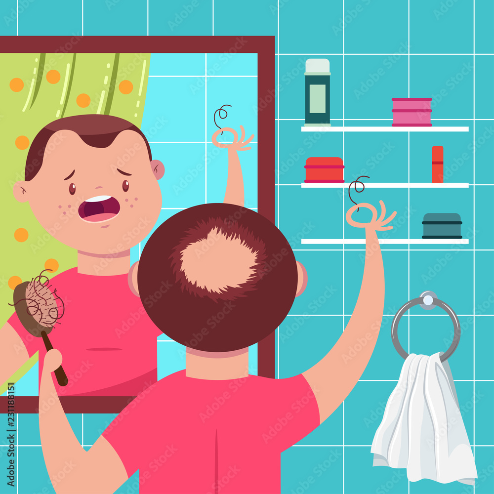 Hair loss vector concept illustration. Bald man with a comb in the ...