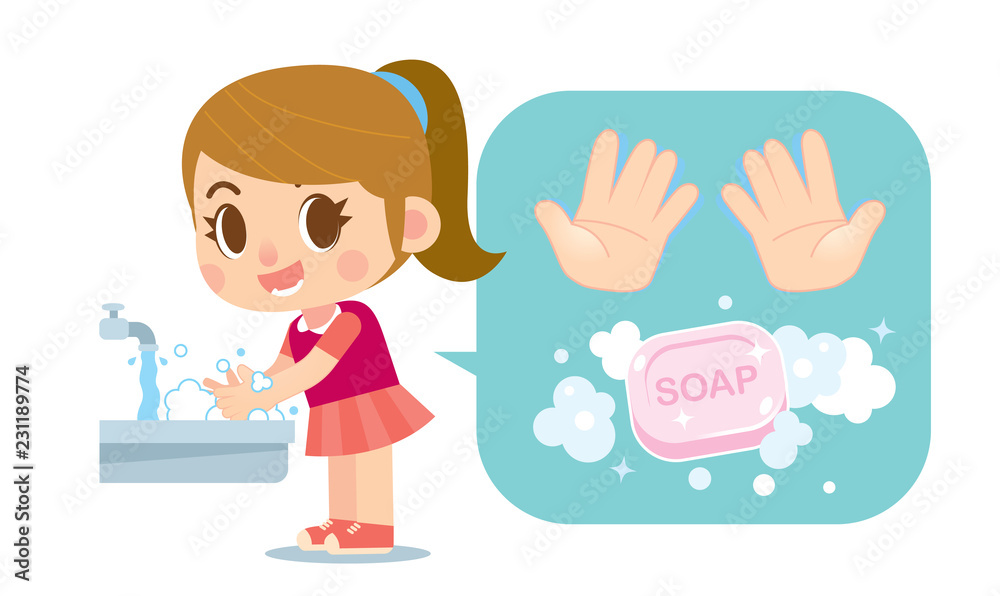 Vector cute girl washing hands with soap and hands icon Stock Vector ...
