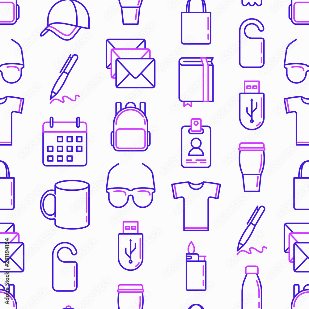 Promotional products seamless pattern with thin line icons: notebook ...