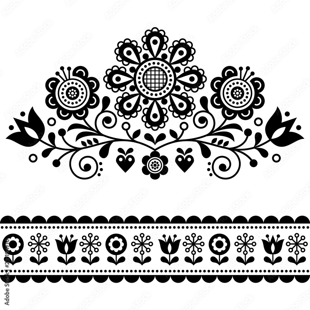 Scandinavian vector folk art pattern with flowers, traditional floral ...