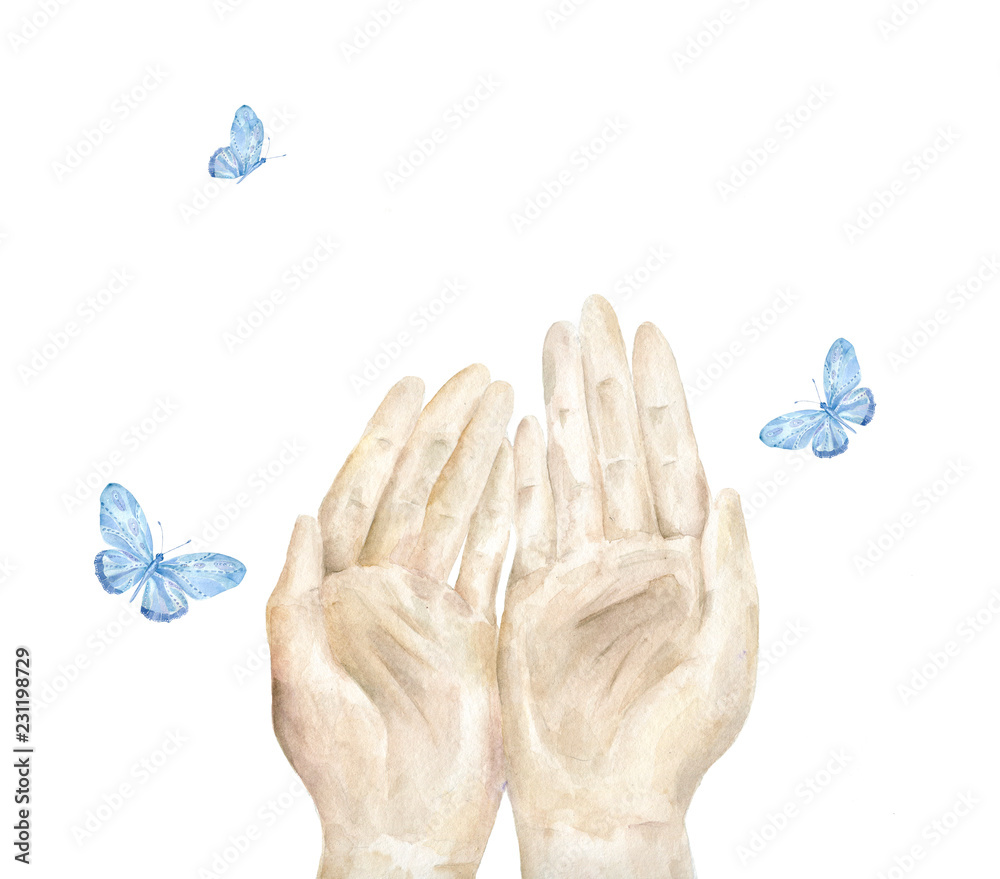 Open hand and blue butterfly. watercolor illustration andon white ...