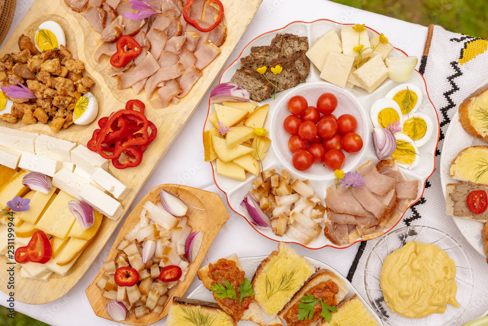 Table with traditional food from Romania and Moldova at a brunch Stock ...