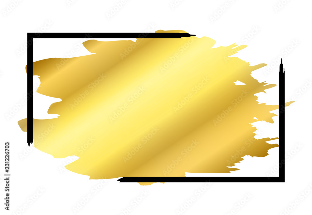 Gold brush in black rectangle frame isolated white background. Border ...