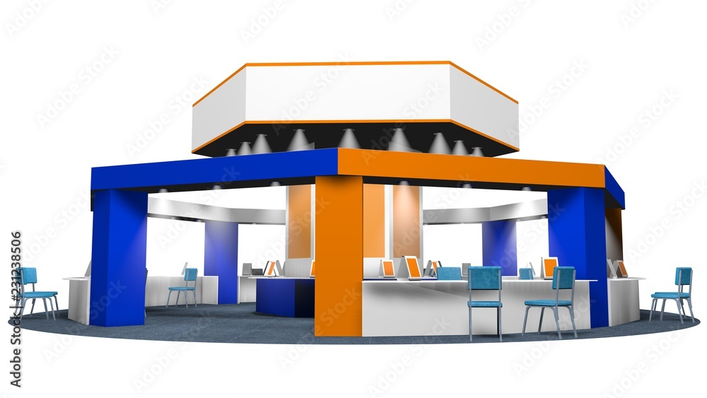 3D model of a kiosk for sales in an octagonal fair with chairs for ...