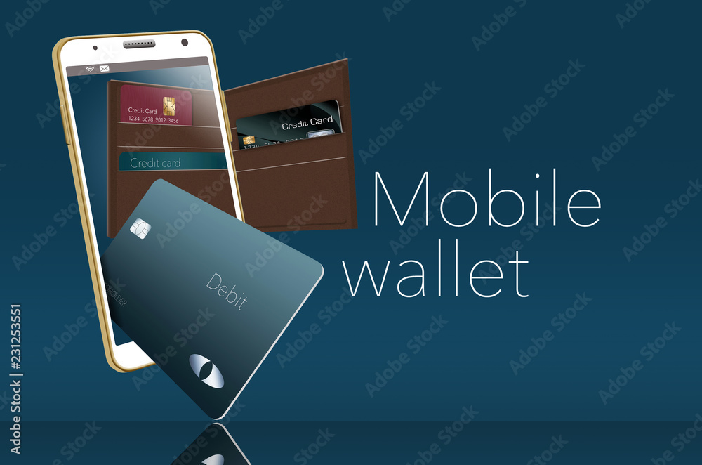 Mobile wallet is illustrated here with a leather wallet and credit ...