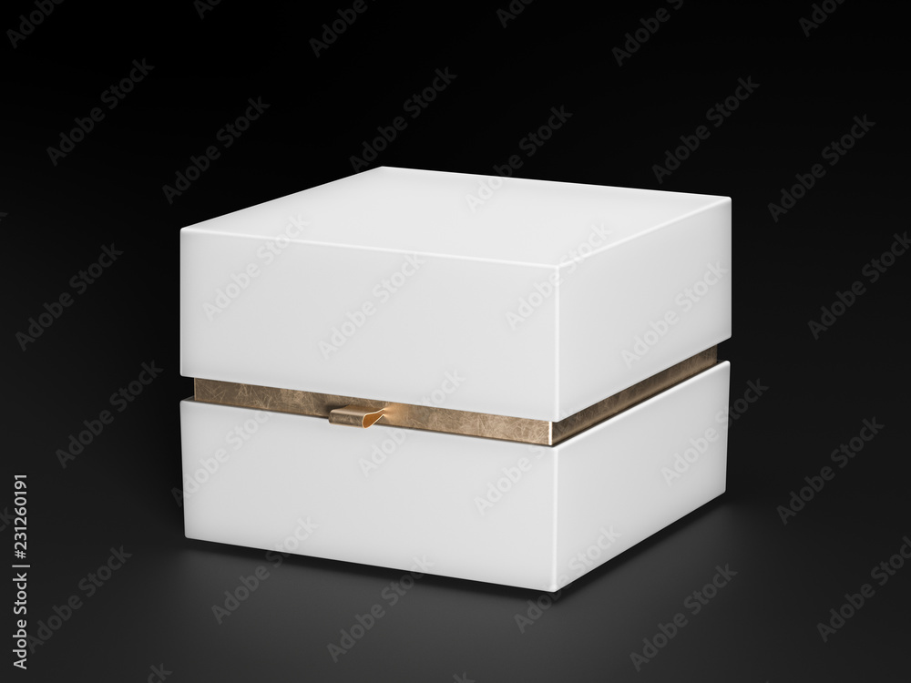 White Box. White square golden color box on black background. Packing ...